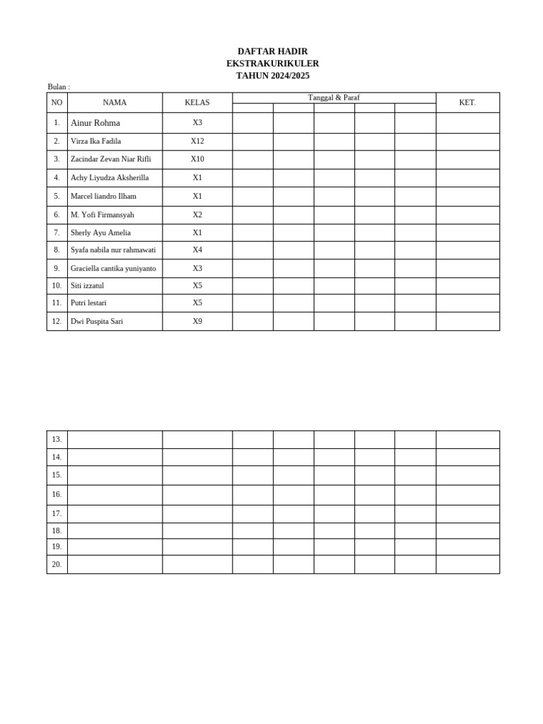 Absensi Ekstrakurikuler 2024 | PDF