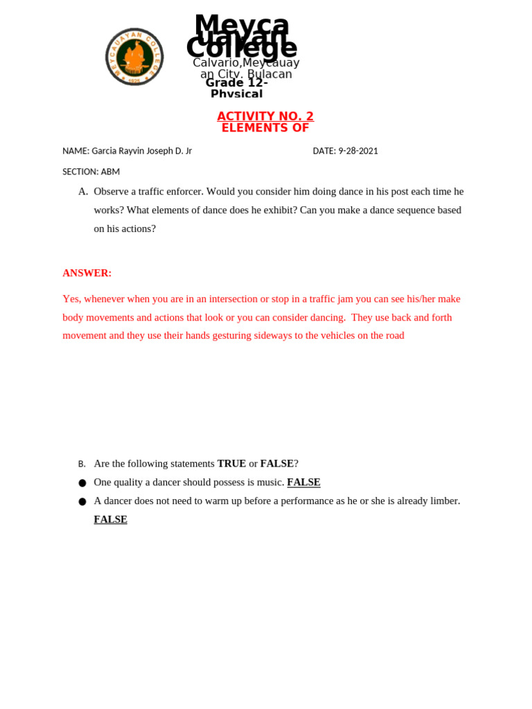 ACTIVITY NO. 2 ELEMENTS OF DANCE | PDF ACTIVITY NO. 2 ELEMENTS OF DANCE | PDF