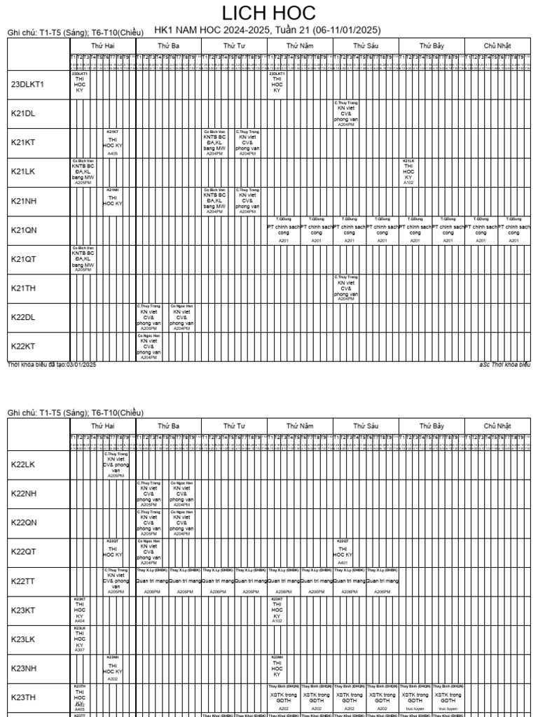 1.TKB Sinh Vien-Hk1 NH 2024-2025-Tuan 21TD | PDF