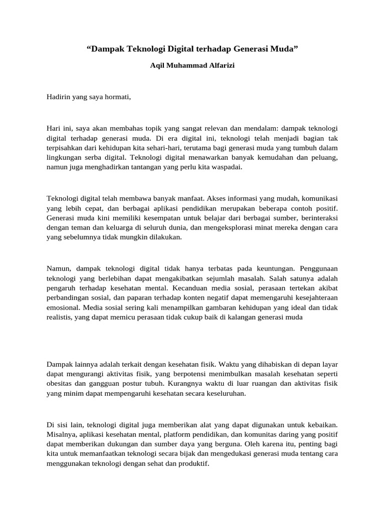 Dampak Teknologi Digital Terhadap Generasi Muda | PDF
