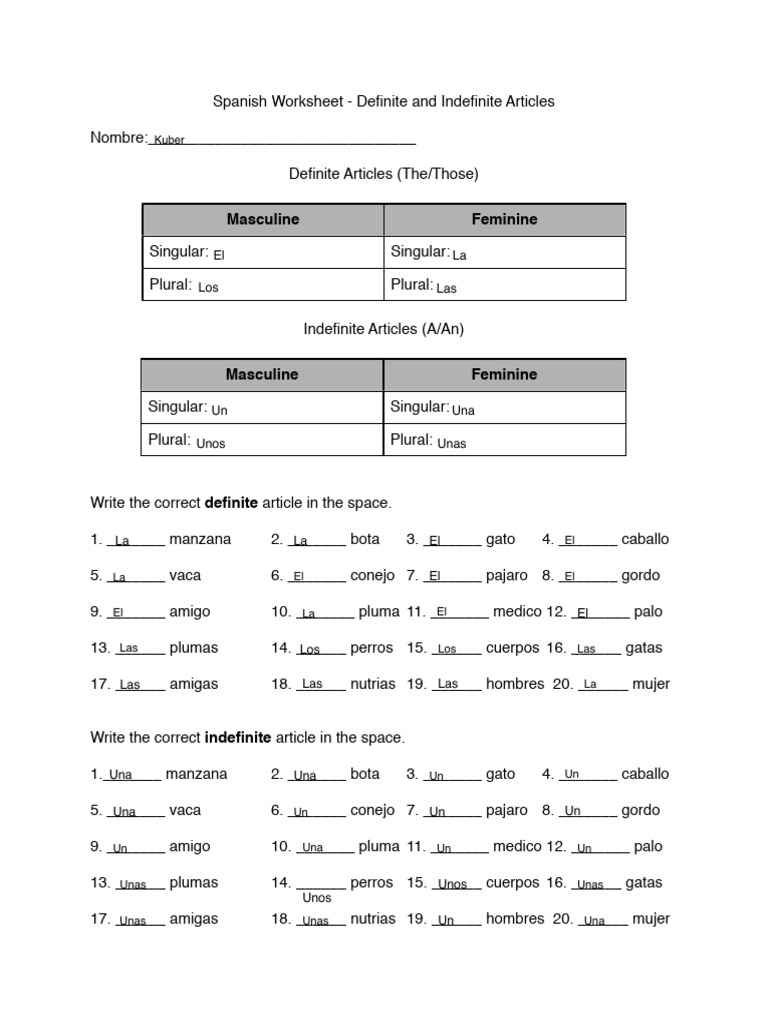 Definite - Indefinite Articles Worksheet | PDF | Ajedrez