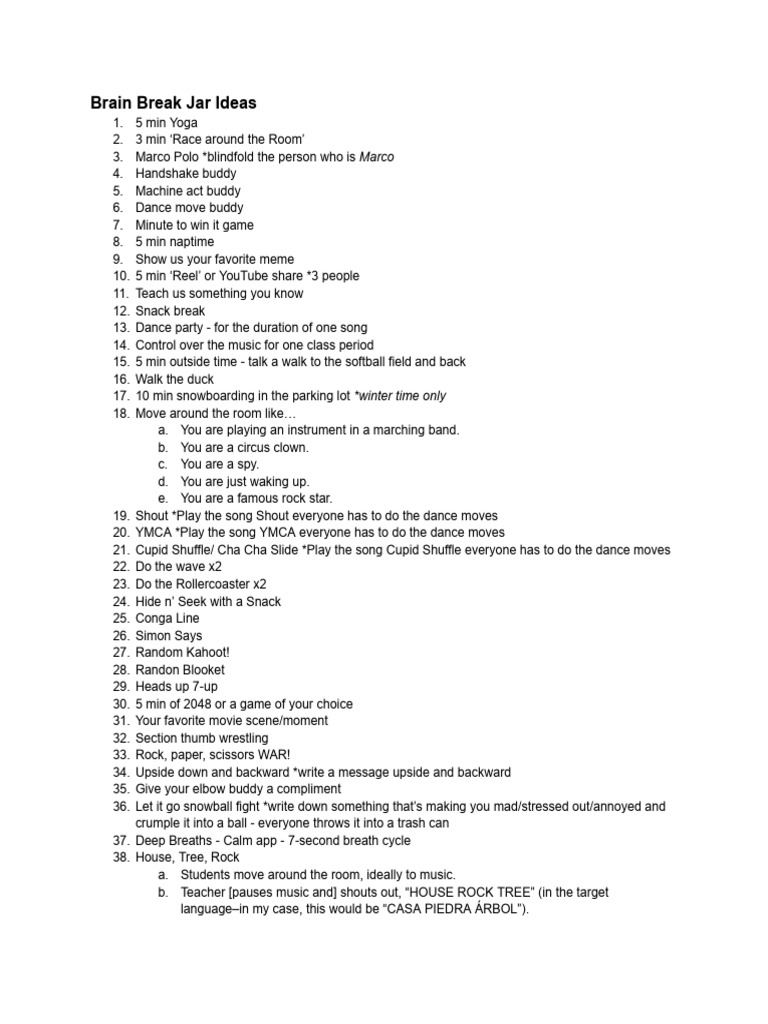 Brain Break Jar Ideas | PDF