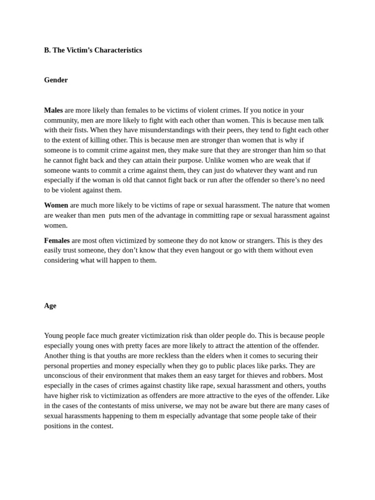 The victim characteristics | PDF | Victimisation | Crimes
