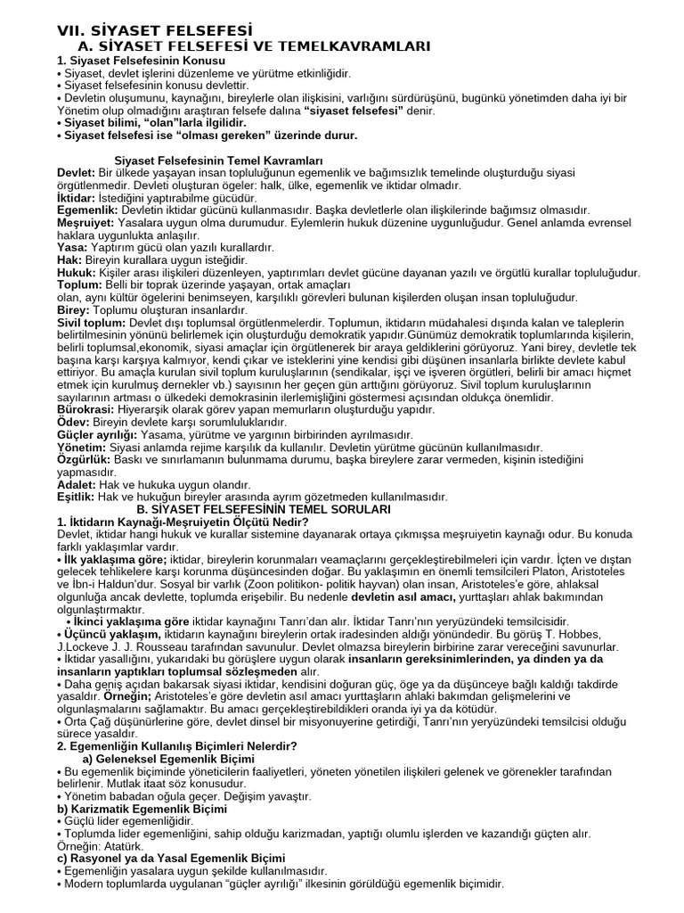 10.sınıf SİYASET FELSEFESİ BİLGİ NOTLARI | PDF