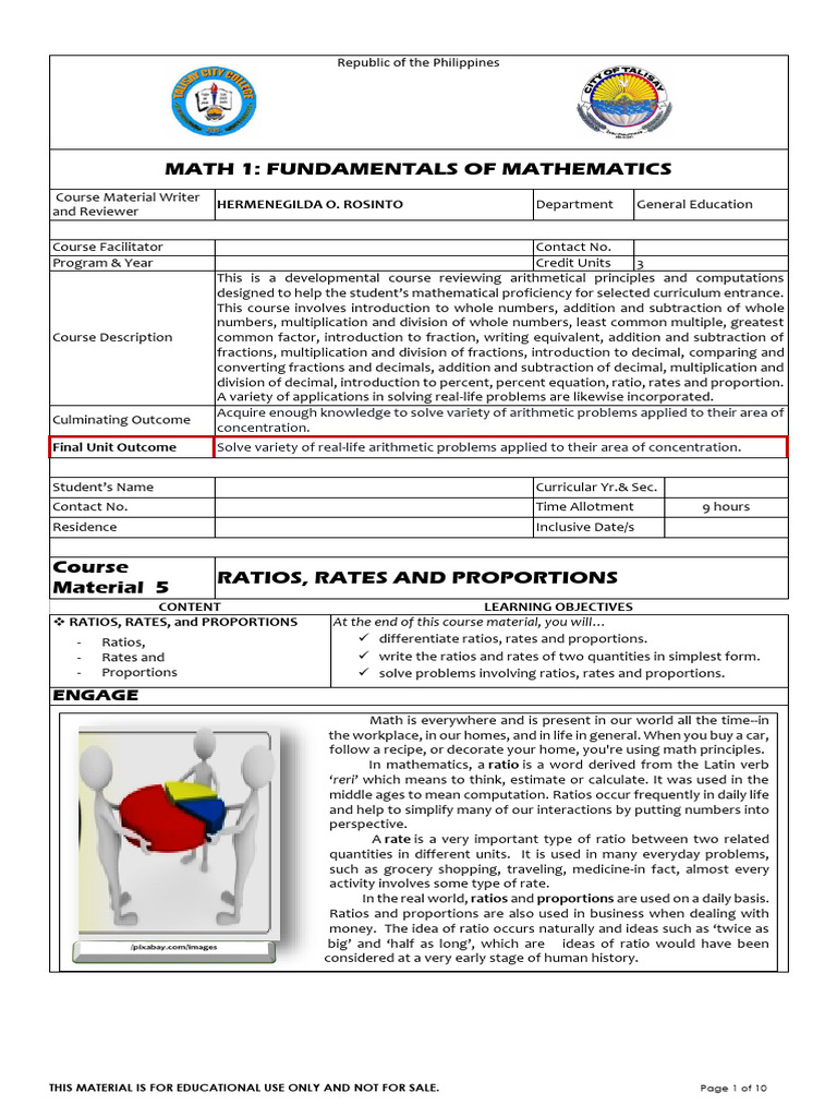 Math 1 - RATIO, RATES, & PROPORTION | PDF | Ratio | Mathematics