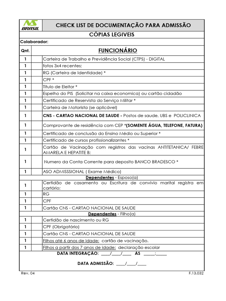 Check List de Documento para Admissão | PDF