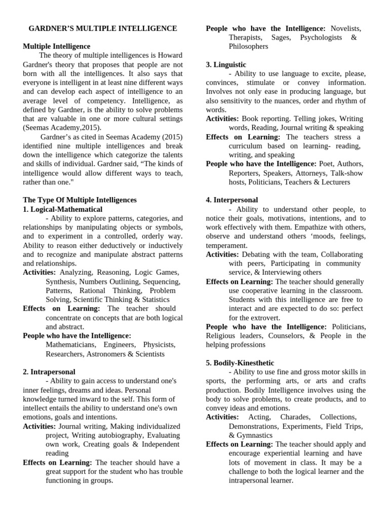 Gardner's Multiple Intelligence | PDF | Learning | Intelligence