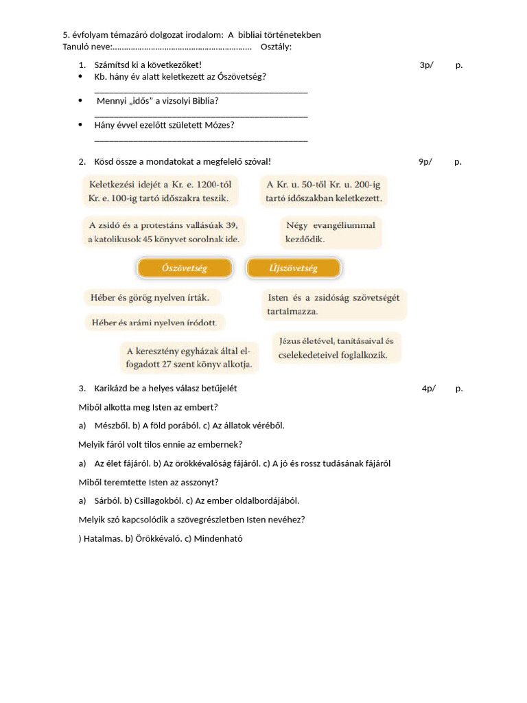 Évfolyam Témazáró Dolgozat Irodalom A Bibliai Történetekben | PDF