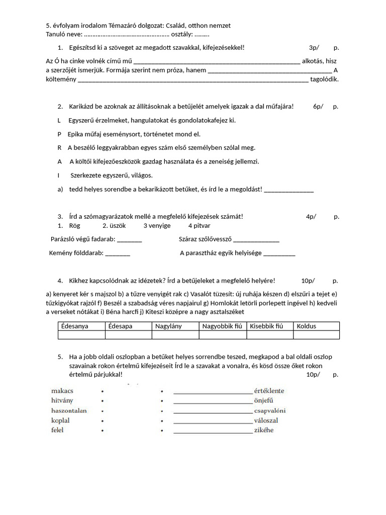 Évfolyam Irodalom Témazáró Dolgozat Család, Otthon, Nemzet | PDF