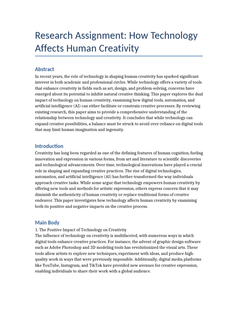 How Technology Affects Human Creativity Assignment | PDF | Creativity | Artificial Intelligence