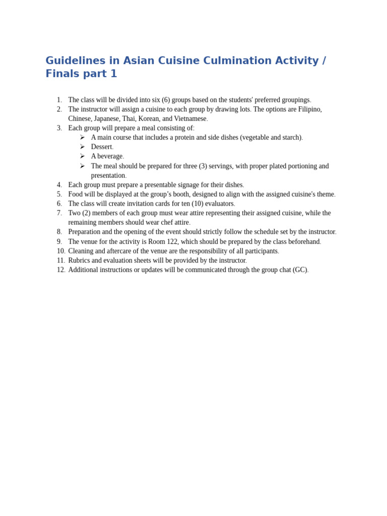 Guidelines in Asian Cuisine Culmination Activity | PDF