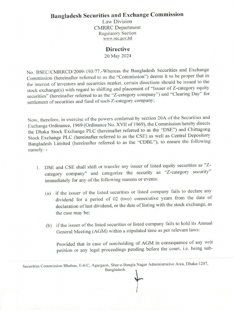 BSEC Notification For Z Category As On 01 Sep 2020 | PDF | Stocks | Securities (Finance)