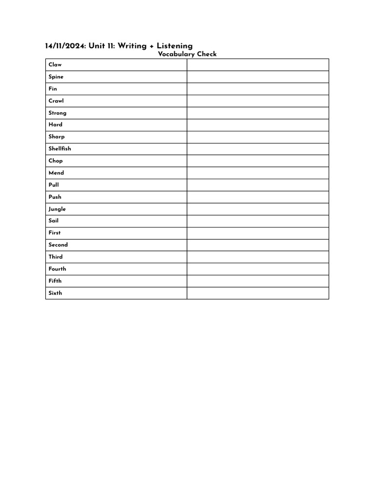 14/11/2024: Unit 11: Writing + Listening: Vocabulary Check | PDF