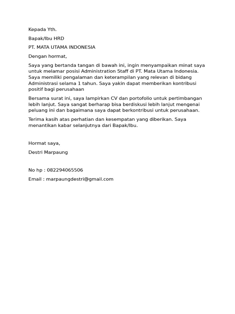 Cover Letter PT. Mata Utama Indonesia | PDF