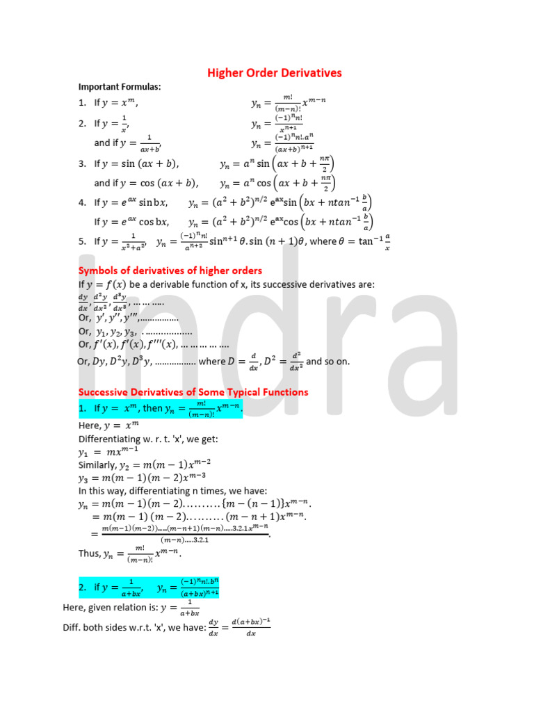 Higher Order Derivatives | PDF | Function (Mathematics) | Mathematical Relations