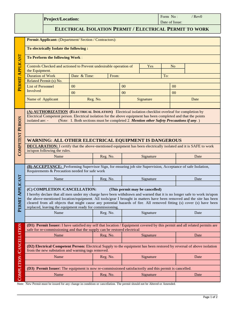 Electrical-Isolation-work-Permit Form | PDF | Occupational Safety And ...