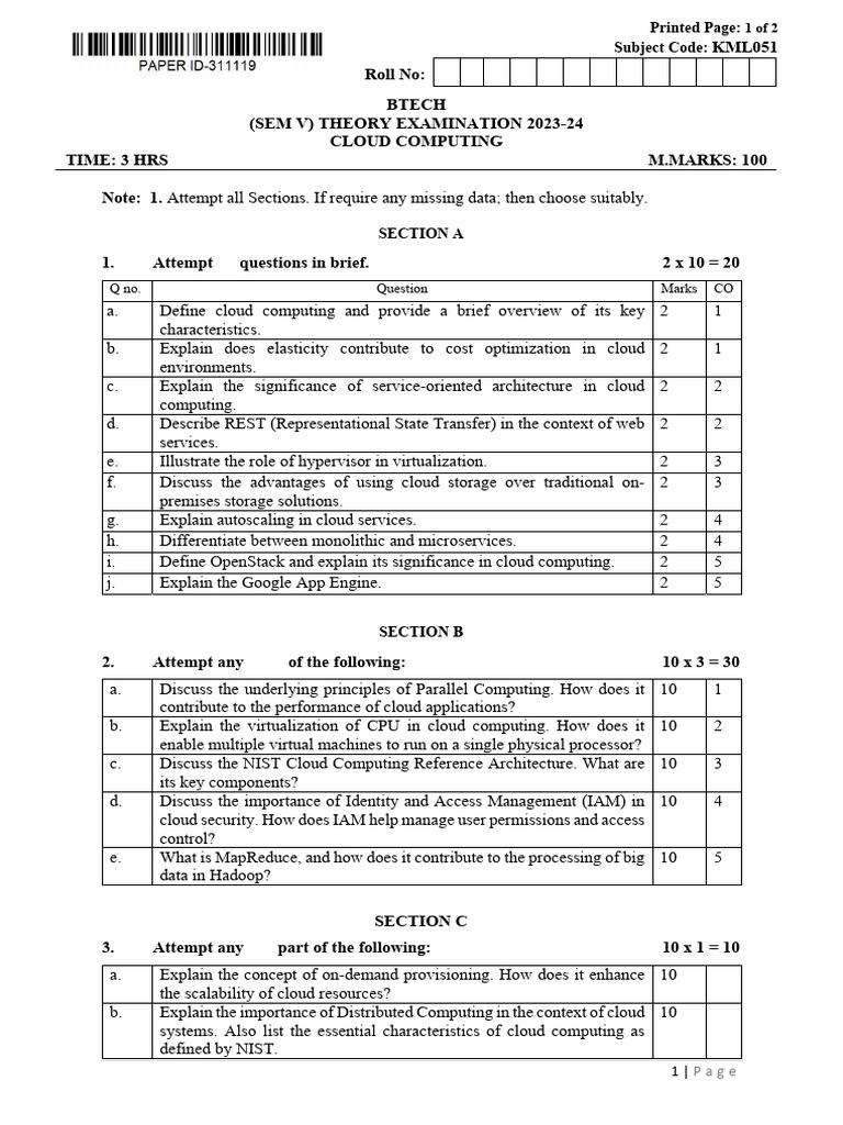 MCS 227 Cloud Computing Exam Paper | PDF | Cloud Computing | Virtualization