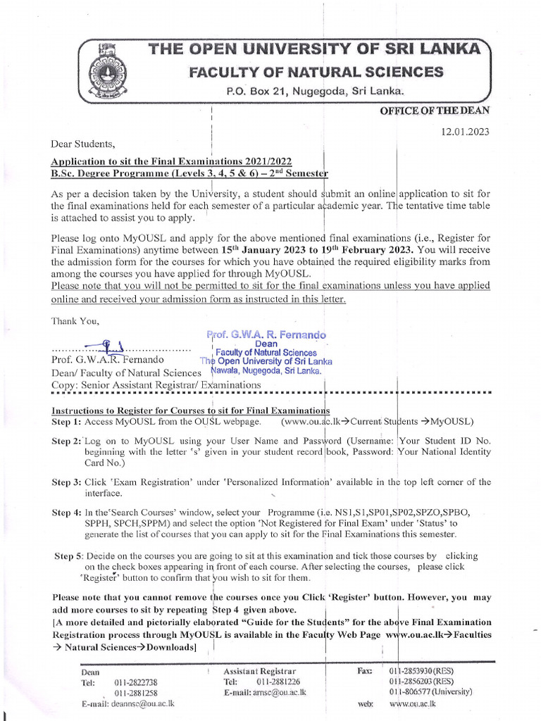 Calling Applications For BSC Final Exams 2nd Sem 2021-2022 Via MyOUSL | PDF