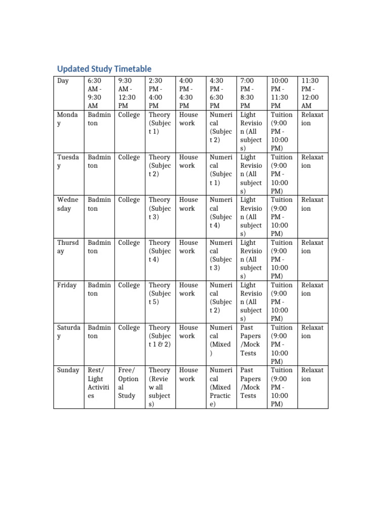 Updated Study Timetable With Tuition | PDF