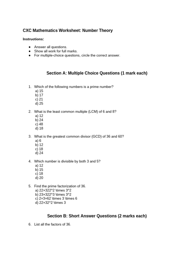 CXC Math Worksheet: Number Theory | PDF