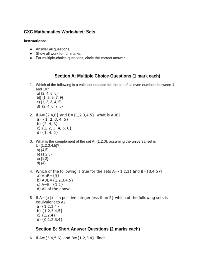 CXC Math: Sets Worksheet | PDF | Mathematics