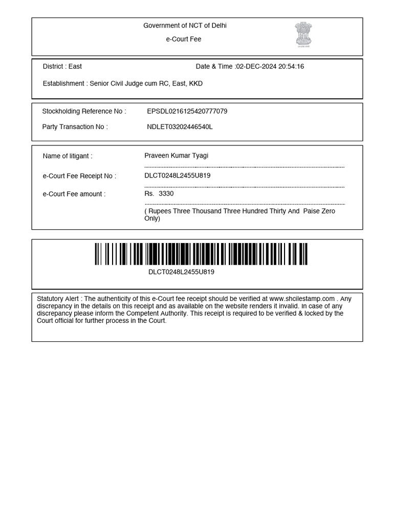 e-Court Fee Receipt for Praveen Tyagi | PDF