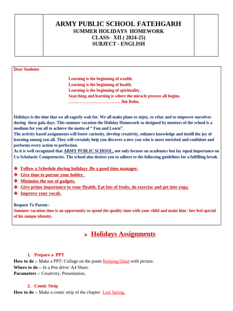 APS Fatehgarh Class XII Summer Homework | PDF