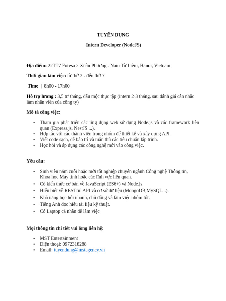 JD Intern Lập Trình Viên NodeJS | PDF