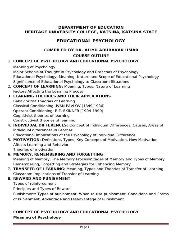 Educational Psychology Lecture Note Pdf Classical Conditioning