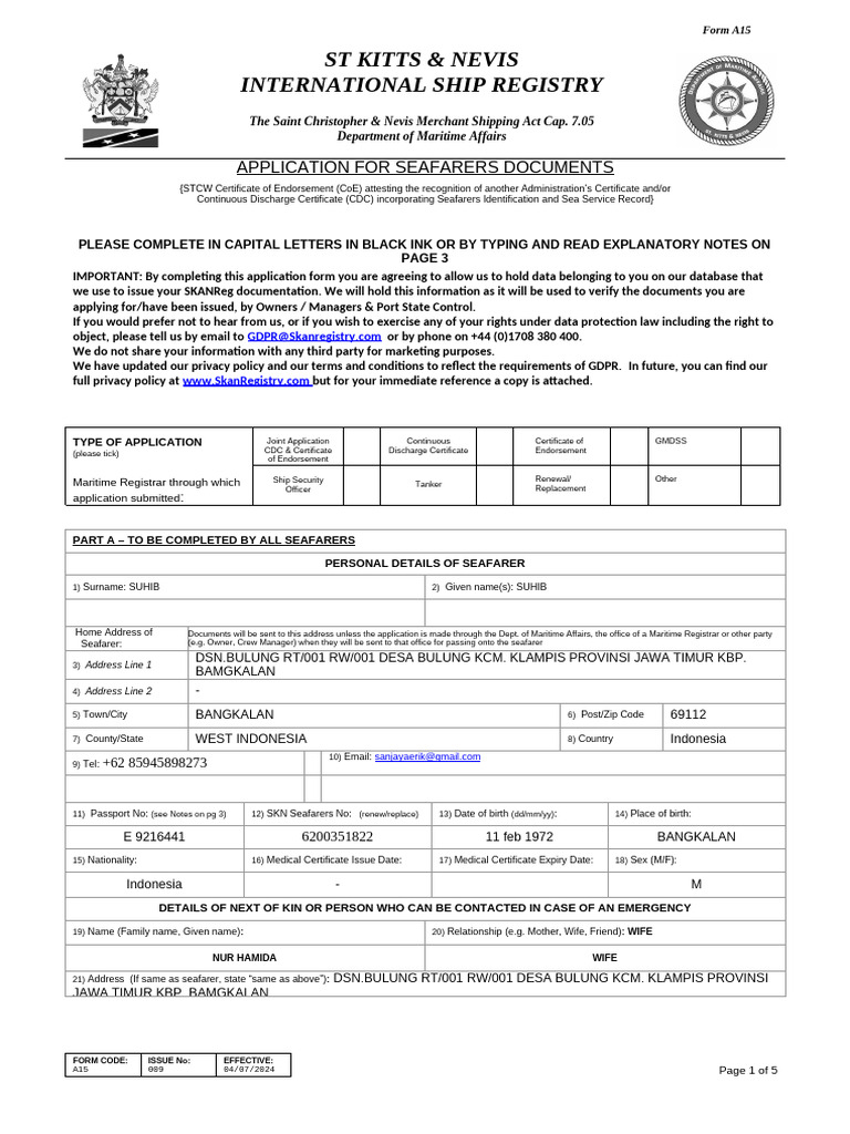 A15_APPLICATION_FOR_SEAFARERS_DOCUMENTS[1] SUHIB | PDF