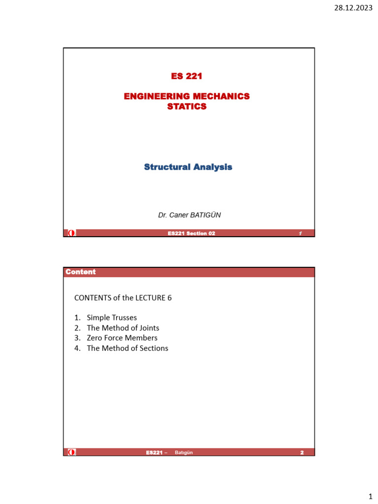 ES221 - LECTURE - 06 - Structural Analysis | PDF | Truss | Structural Analysis