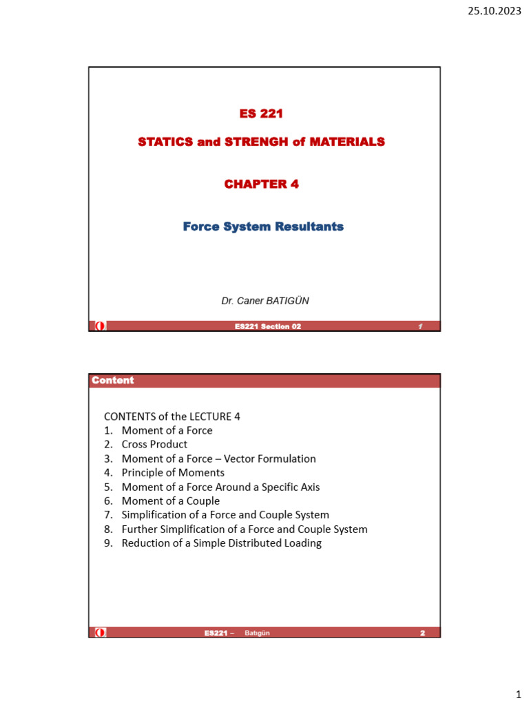 ES221 - LECTURE - 04 - Force System Resultants | PDF | Torque | Euclidean Vector