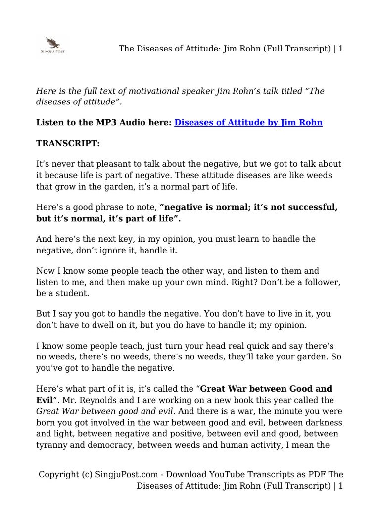 The Diseases of Attitude - Jim Rohn Full Transcript | PDF | Paul The Apostle | Pessimism
