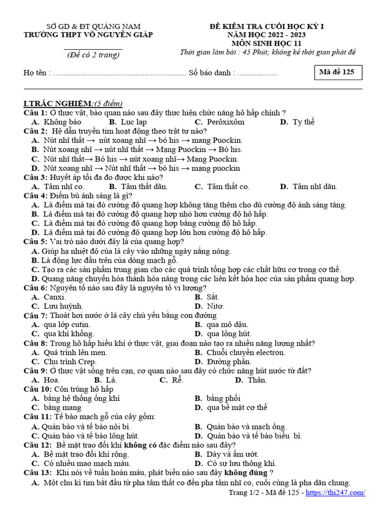 Sinh Ck1 Quảng Nam | PDF