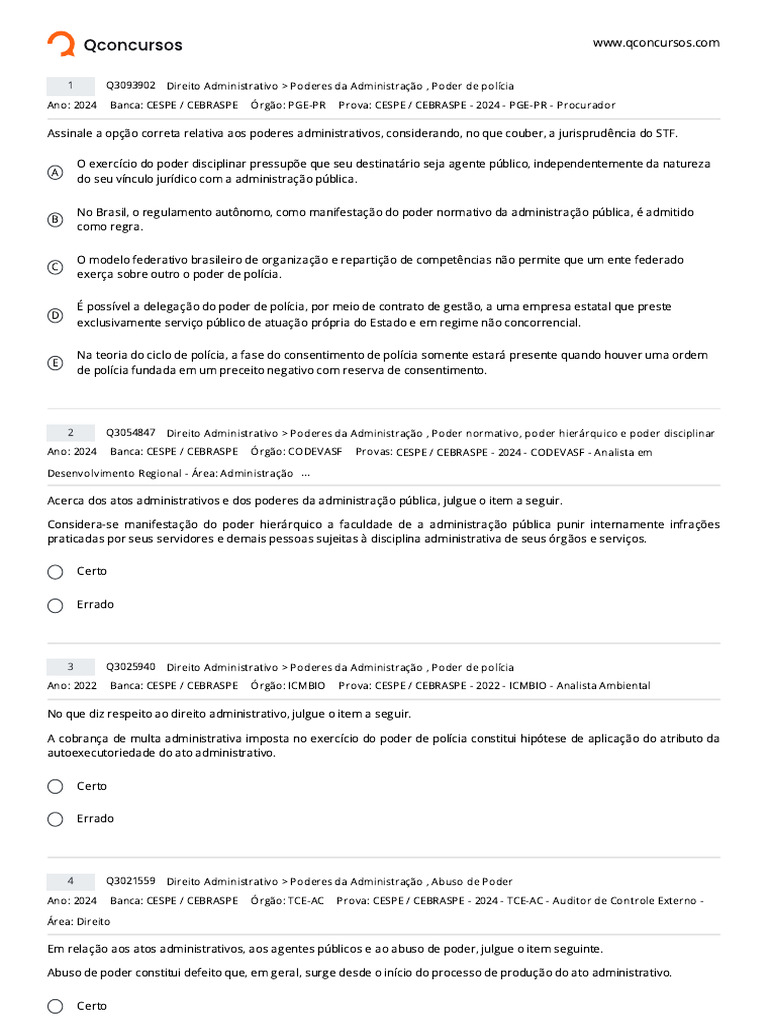 Questões de Provas - Poderes adm | PDF | Poder Policial (Lei Constitucional dos Estados Unidos ...