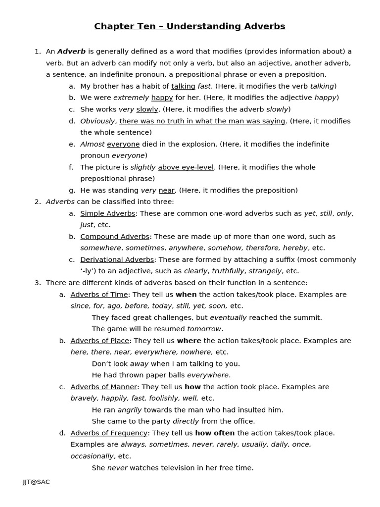 Grammar Notes - Understanding Adverbs | PDF | Adverb | Clause