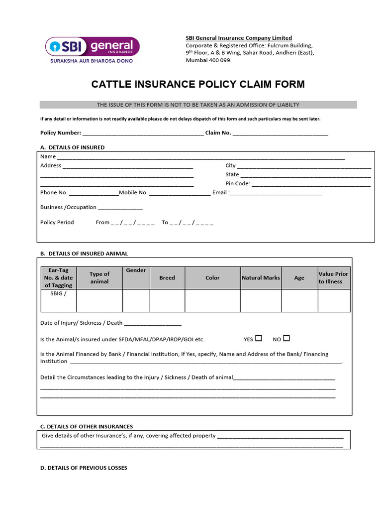 Cattle Insurance Claim Form | PDF | Veterinary Medicine | Health Sciences