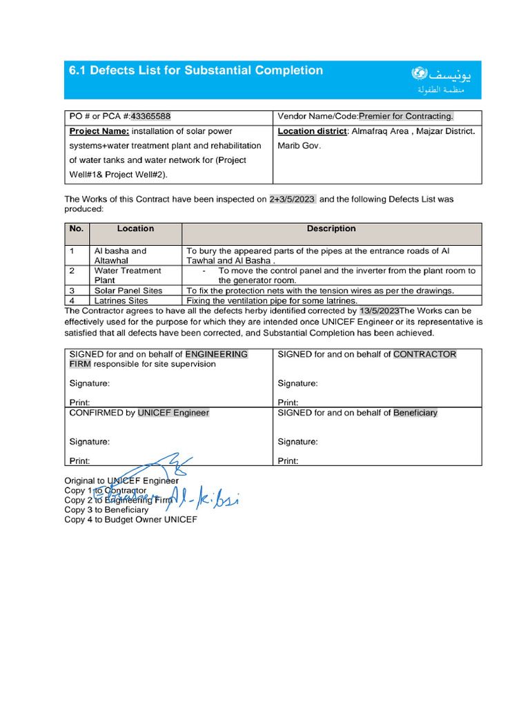 Defects List Signed | PDF