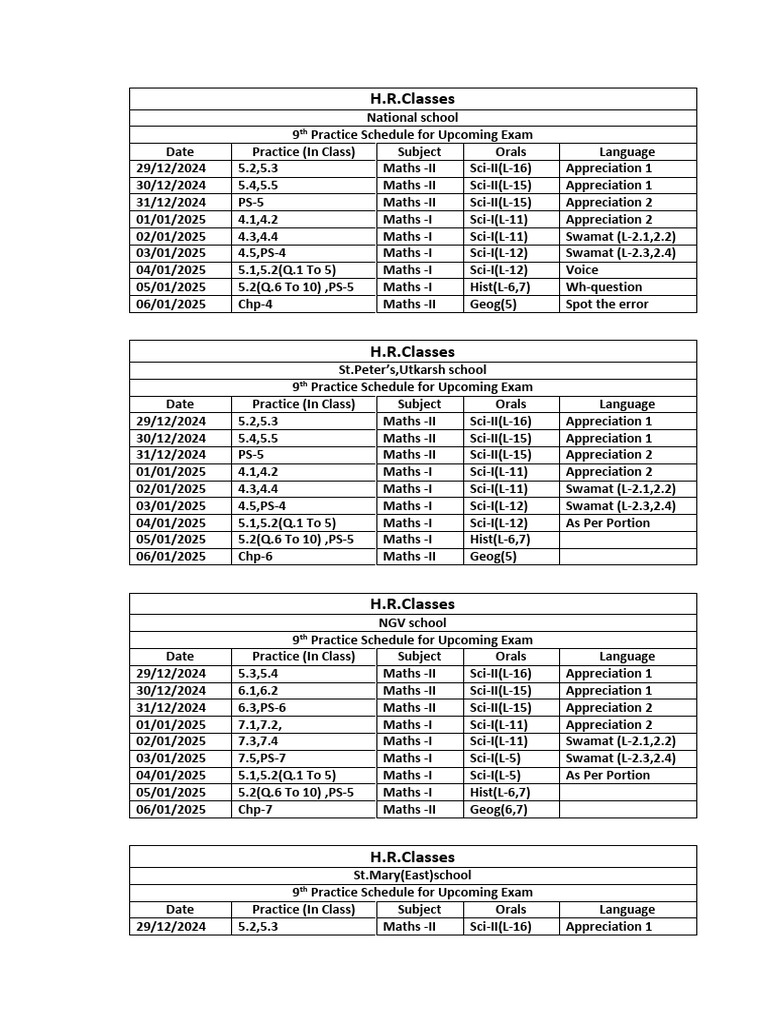 17353990419th Upcoming Practice Schedule | PDF