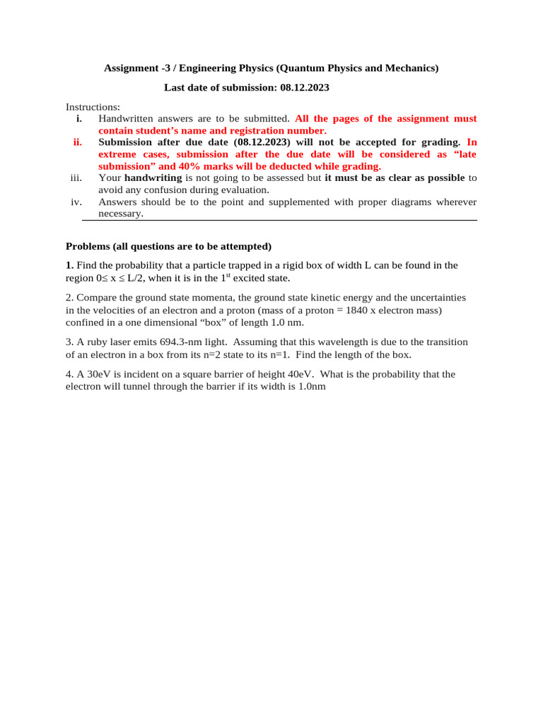 Assignment - 3 EP (Quantum Physics and Mechanics) | PDF