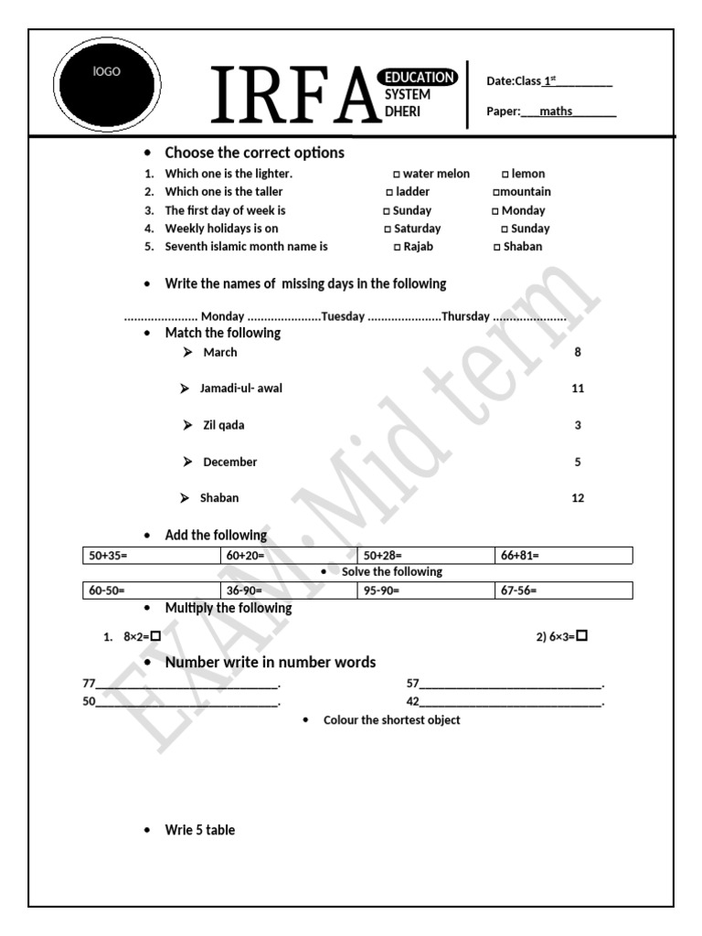 Class 1 Math Basics Quiz | PDF