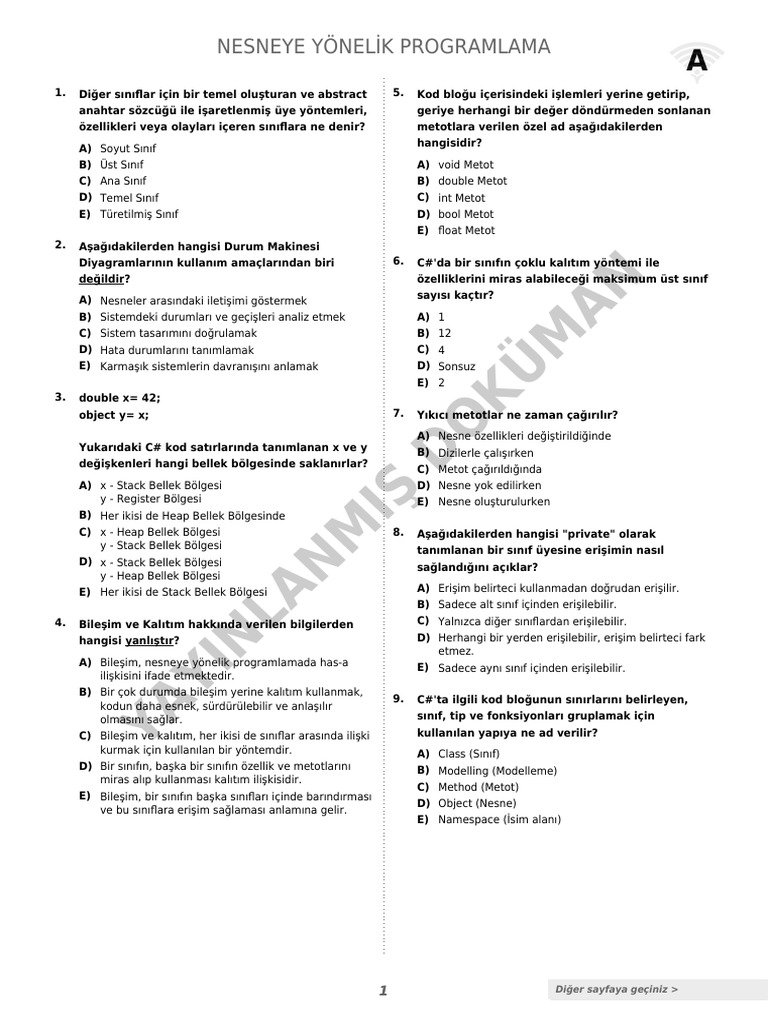 Nesne Yönelik Programlama BÜTÜNLEME | PDF