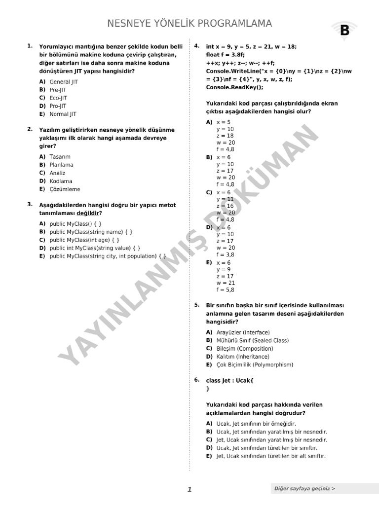 Nesneye Yönelik Programlama Final Sınav | PDF
