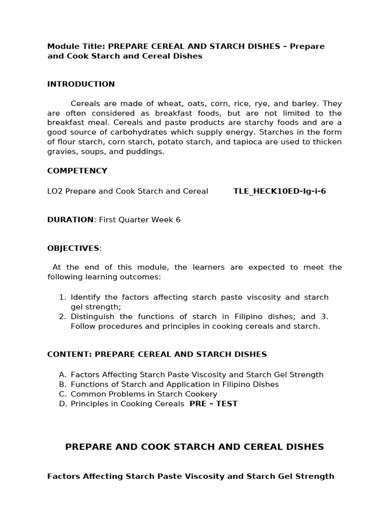 TEL10 COOKERY Cereals Module 2 | PDF | Starch | Cooking