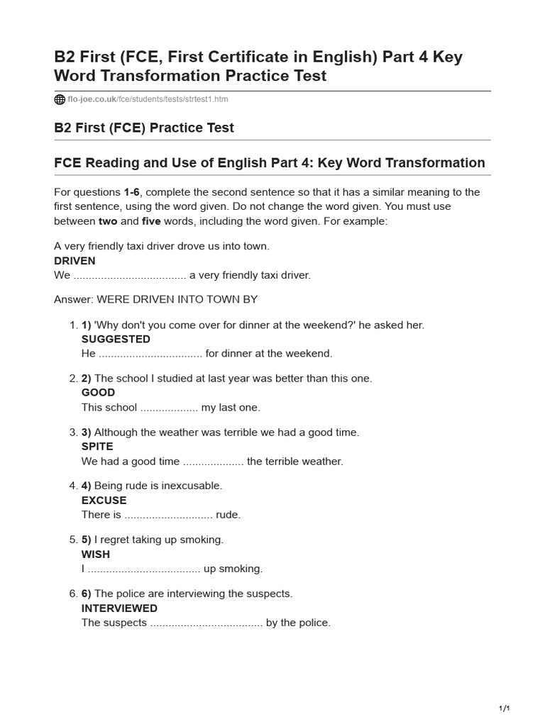 Flo-Joe - Co.uk-B2 First FCE First Certificate in English Part 4 Key Word Transformation ...