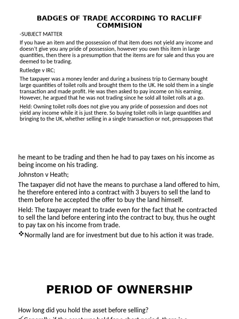 Badges of Trade According To Racliff Commision | PDF | Taxes | Taxpayer