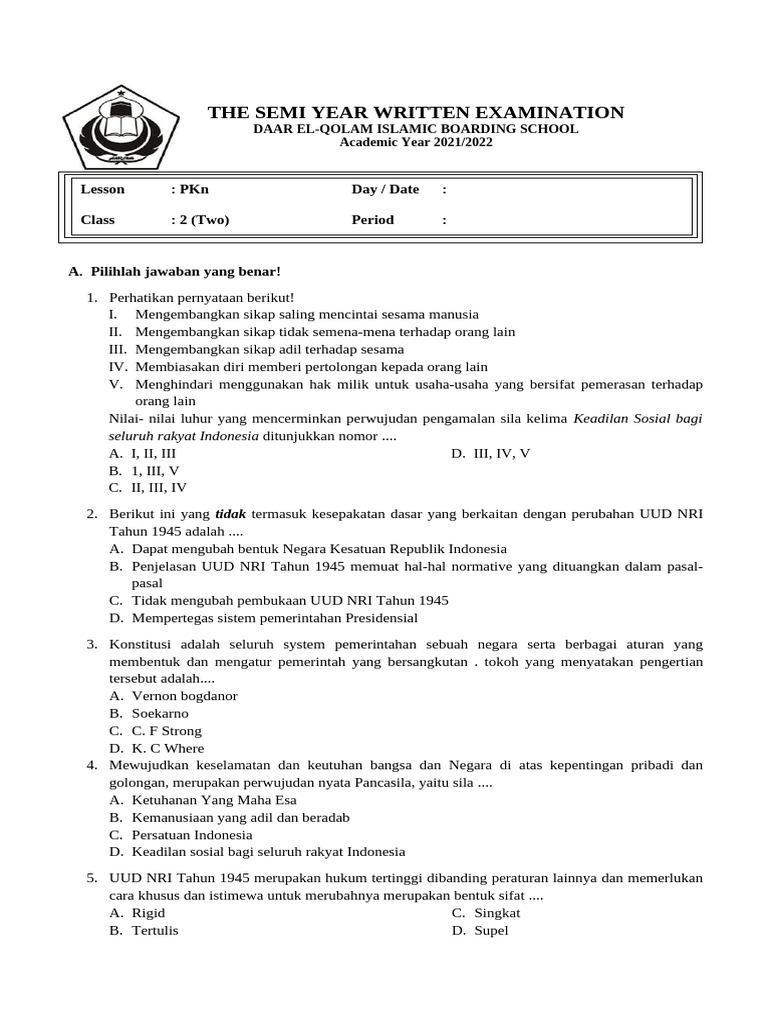 SOAL UAS PKN KELAS 2 SMSTR 1 Fix | PDF