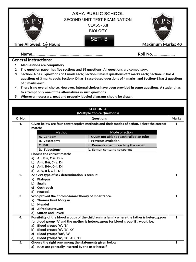 Biology Ut-II Class Xii Set-B | PDF | Genetics