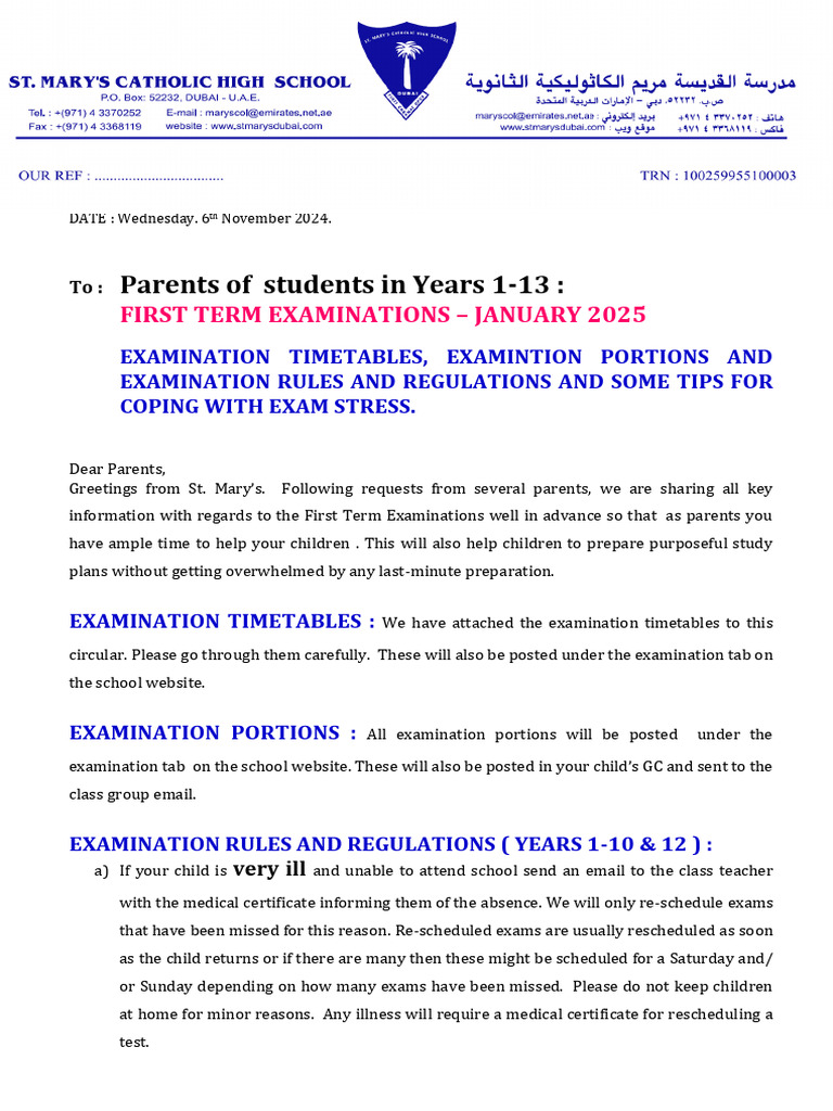 First Term Examinations Time Table Portions and Rules | PDF