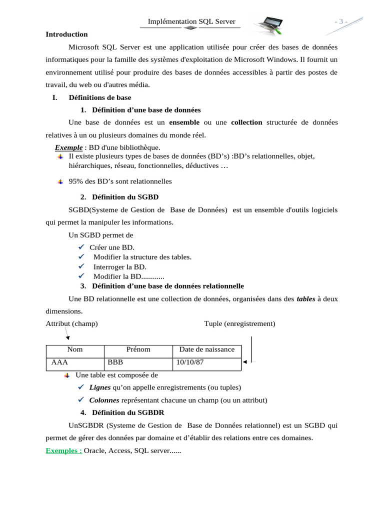 Cours 1 Presentation SQL Server | PDF | Bases de données | Serveur (Informatique)